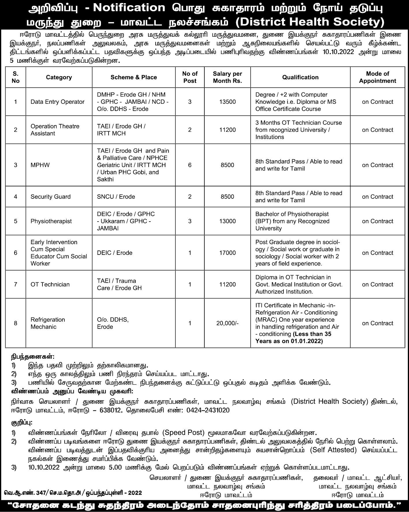 Erode DHS Recruitment 2022 19 DEO & MPHW Posts - WINMEEN