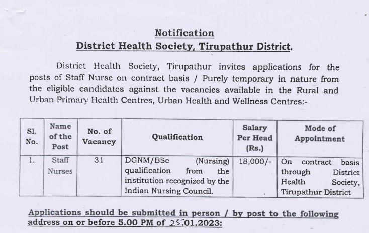 Tirupathur DHS Recruitment 2023 31 Staff Nurse Posts - WINMEEN